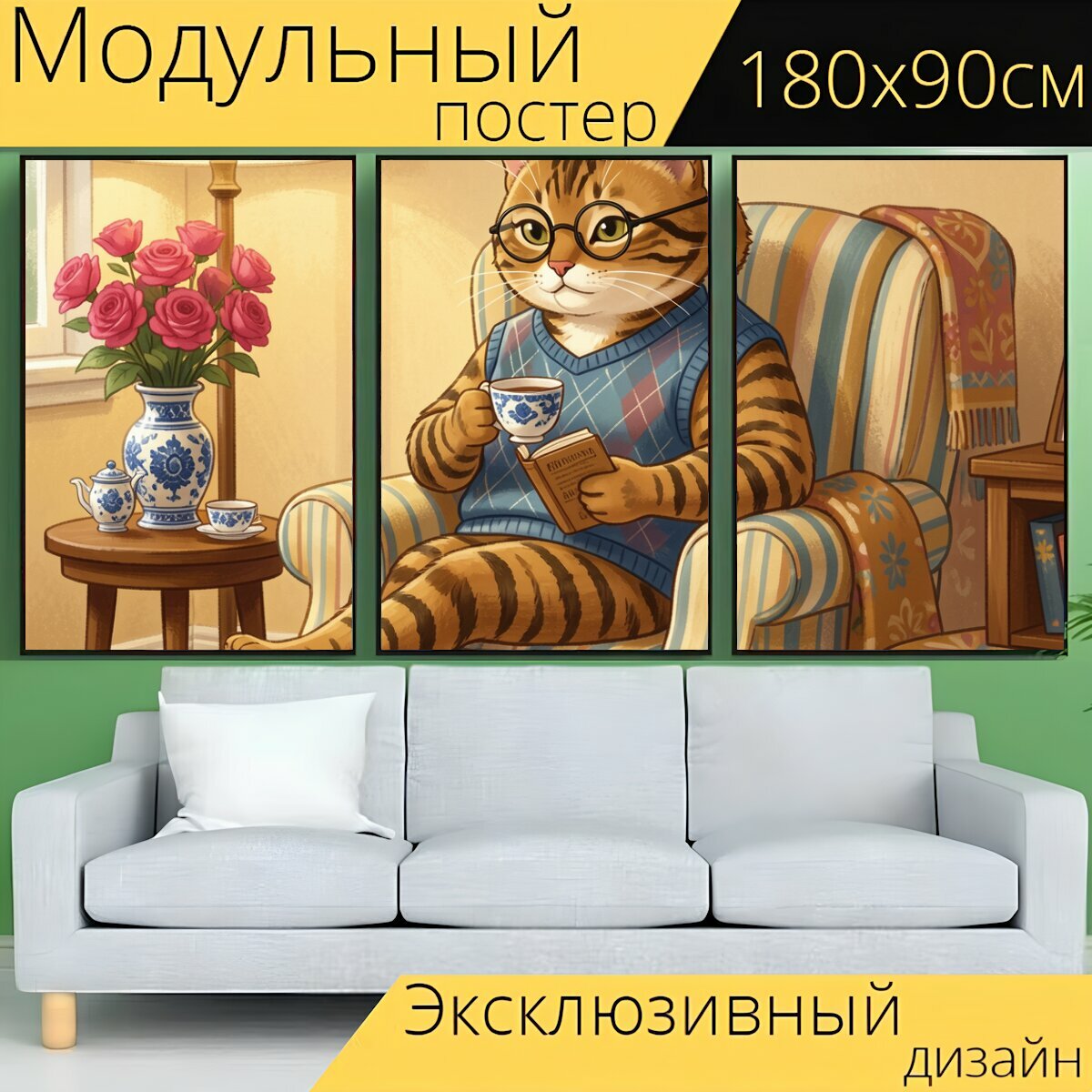 Модульный постер "Тигровый кот в уютной гостиной. Очаровательный полосатый питомец в круглых очках отдыхает в мягком кресле с чашкой." 180 x 90 см. для интерьера на стену в тубусе