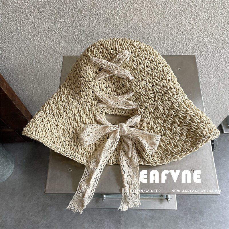 Женская соломенная шляпа в корейском стиле, модная универсальная японская летняя тонкая дышащая кружевная шляпа с бантом, маленькая, свежая, ветрозащитная