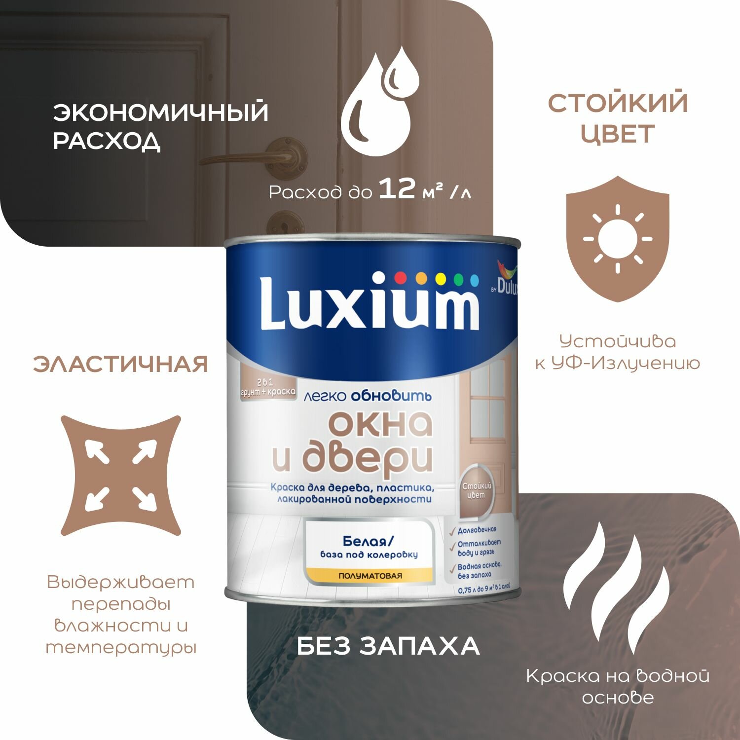 Краска для окон и дверей на водной основе Luxium by Dulux Окна и двери полуматовая база BW 0.75 л