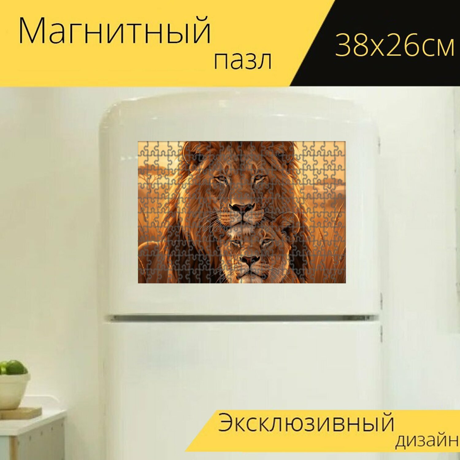 Магнитный пазл "Львы в африканской саванне. Два величественных царя зверей на фоне золотистой саванны в закатном свете, реалистичная цифровая иллюстрация." для интерьера, 38х26 см.