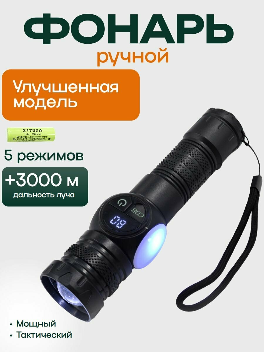 Фонарь ручной СВ со шнурком, 5 режимов, зум, магнит, индикатор зарядки, кабель Type-C, работает от 21700, материал пластик, 120гр.