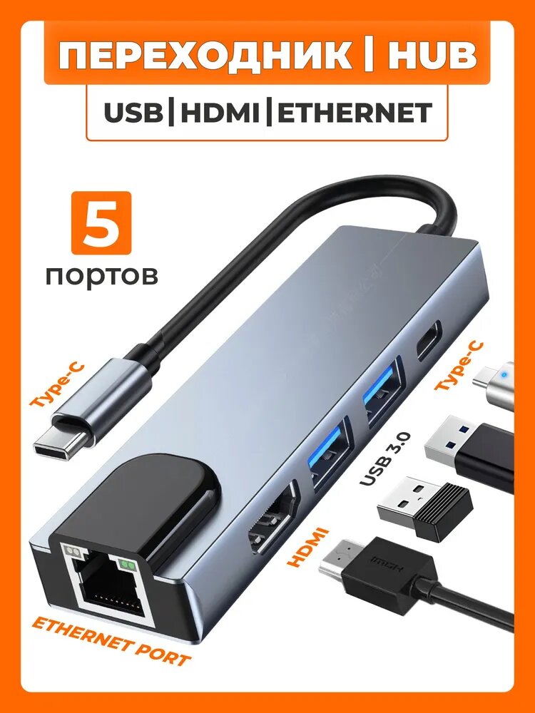 USB Hub Концентратор на 5 портов: USB, Type-C, HDMI, Ethernet. Разветвитель, хаб для ноутбука и компьютера с Type-C.