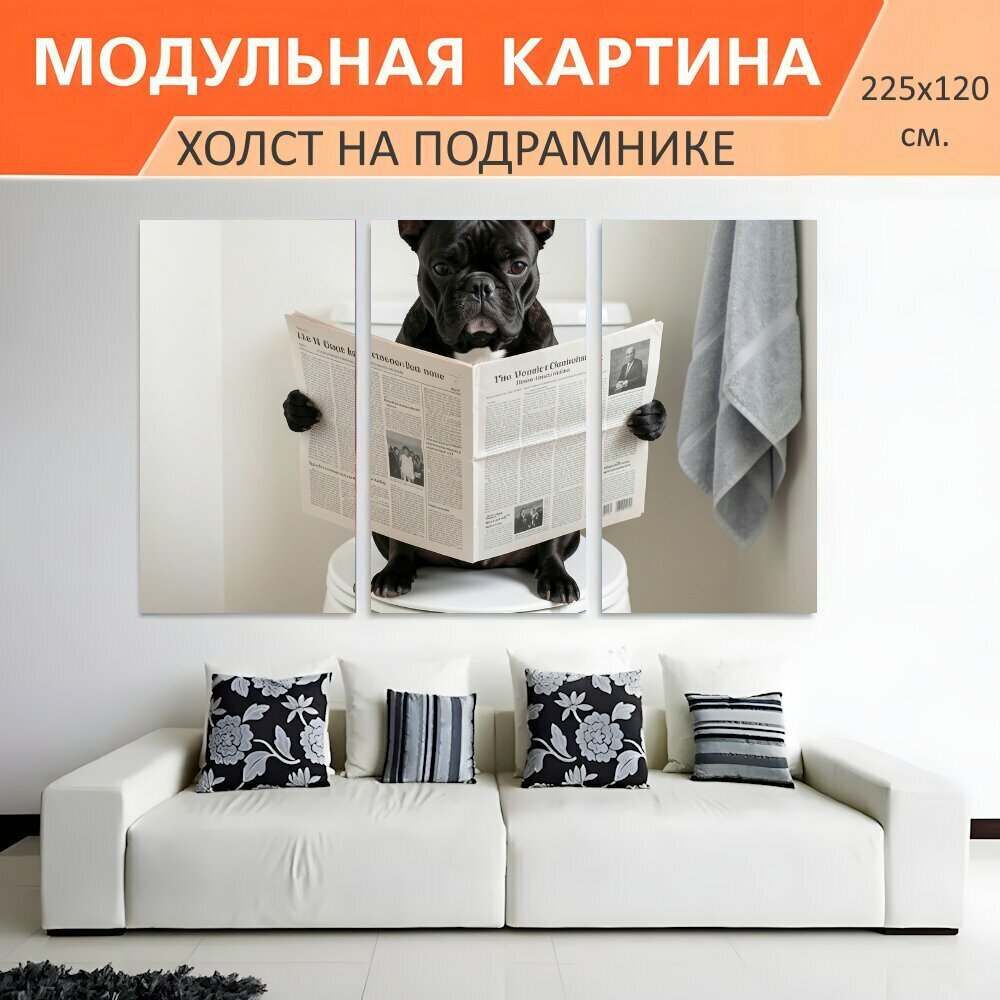 Модульная картина на холсте "Французский бульдог с газетой в туалете. Смешной черный бульдог сидит на унитазе и держит развернутую." триптих на подрамнике 225х120 см. для интерьера