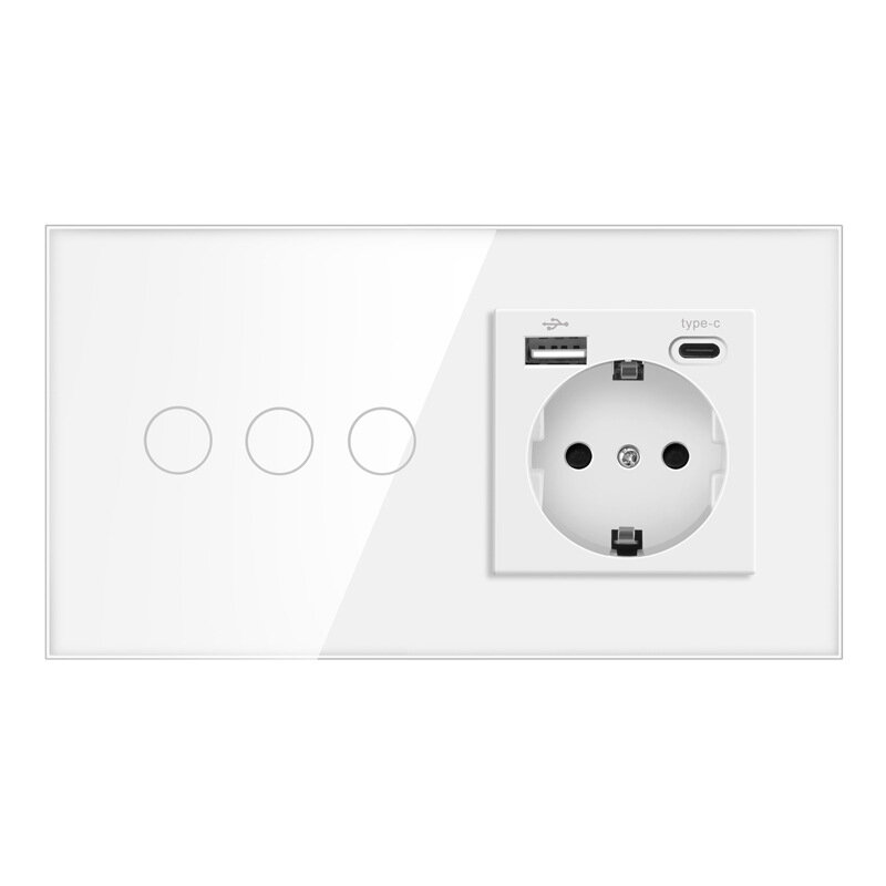 Сенсорный выключатель и розетка ЕС с USB и Type-C, стеклянная панель 157х86мм, настенный блок 16А для дома и ремонта