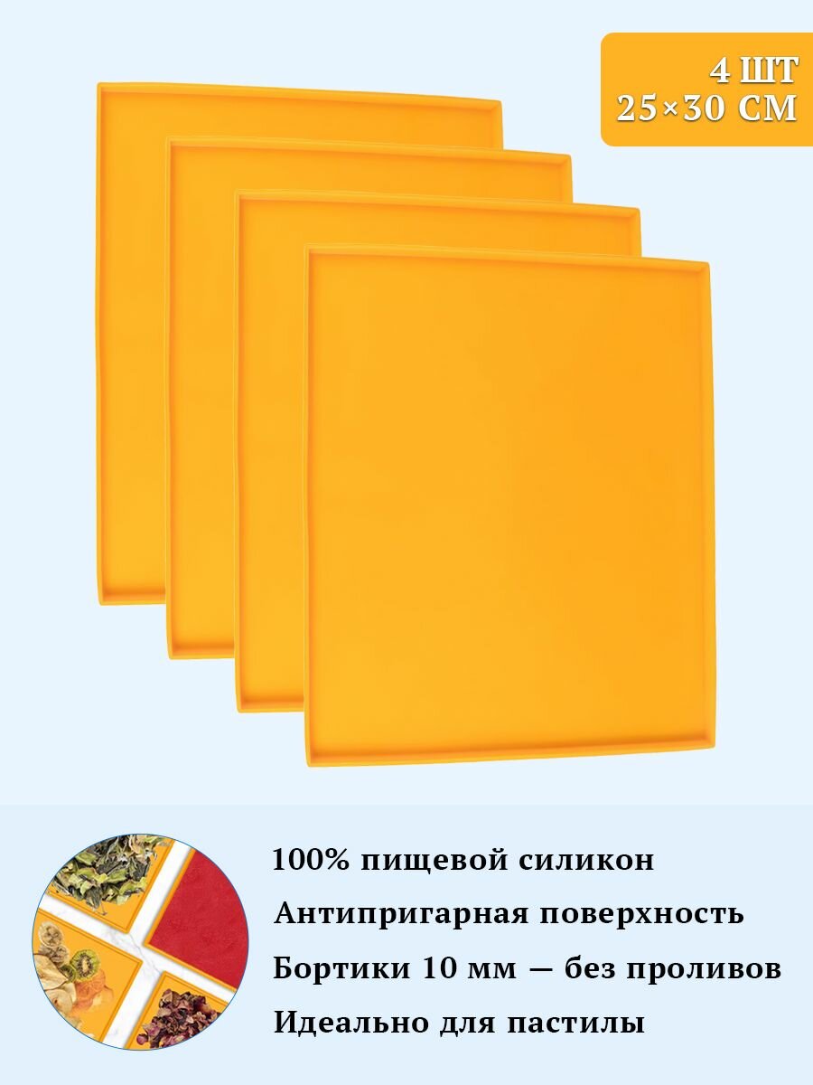 Силиконовый поддон для пастилы и дегидратора 25x30 см, антипригарный лоток с бортиками, многоразовый коврик для сушки фруктов, мяса, овощей и зелени, 4 шт