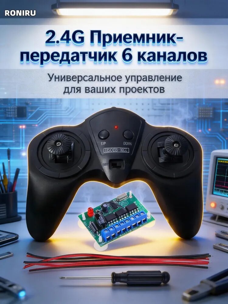 2.4G 6-канальный пульт дистанционного управления с приёмником для автомобильных моделей, черный