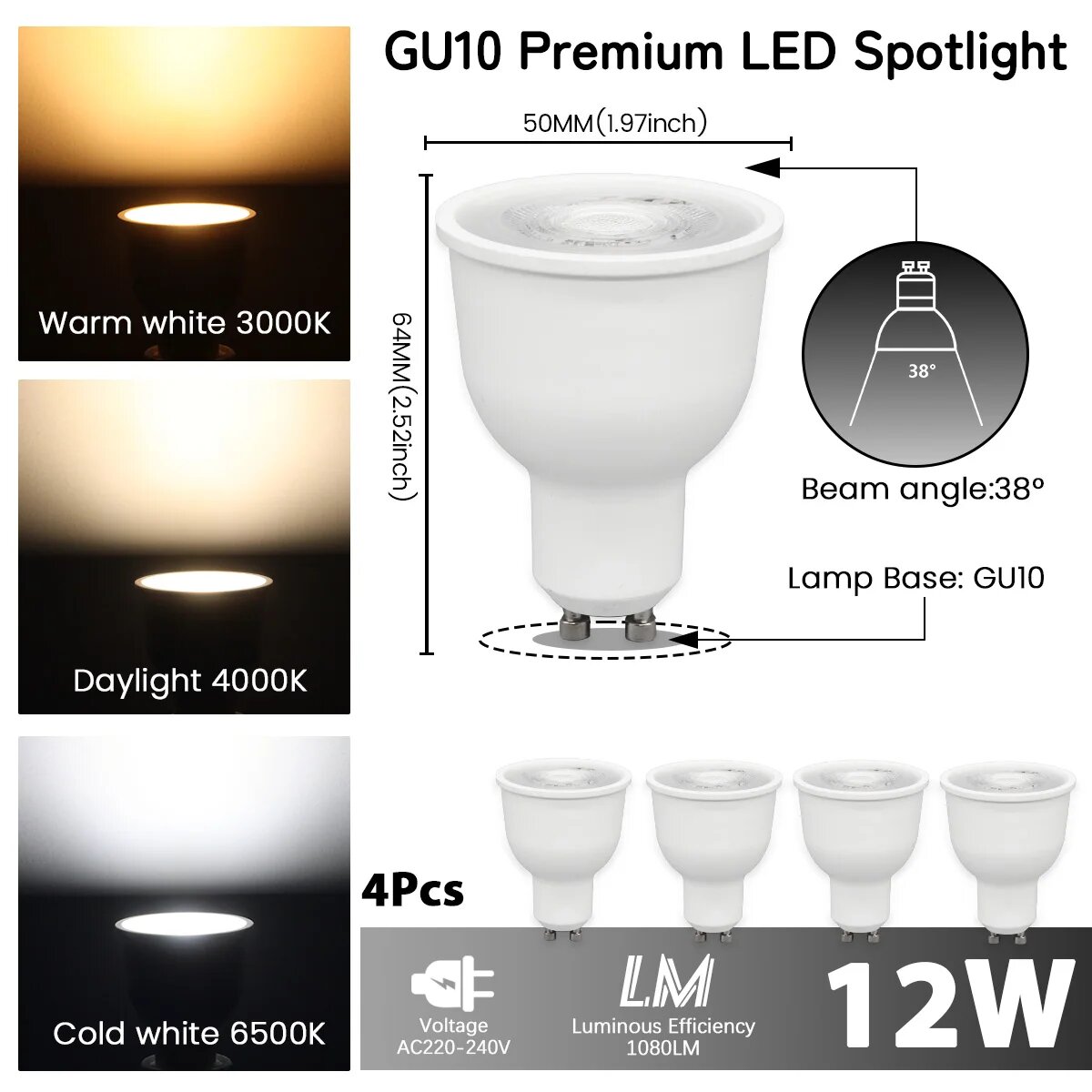 LED GU10 Spotlight 12W 4000K Daylight 38° 4шт
