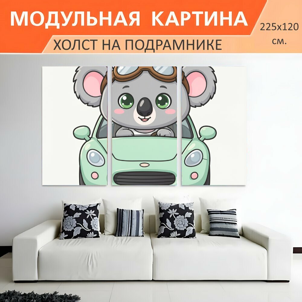 Модульная картина на холсте "Коала в машине с очками. Милый мультяшный коала за рулем светло-мятного авто, в коричневых лётных очках." триптих на подрамнике 225х120 см. для интерьера