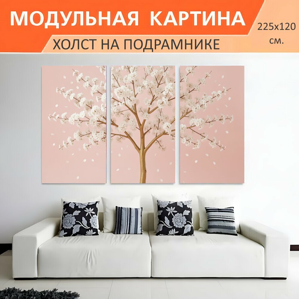 Модульная картина на холсте "Цветущее дерево на розовом фоне. Изящная весенняя композиция с золотистым стволом и нежными белыми." триптих на подрамнике 225х120 см. для интерьера