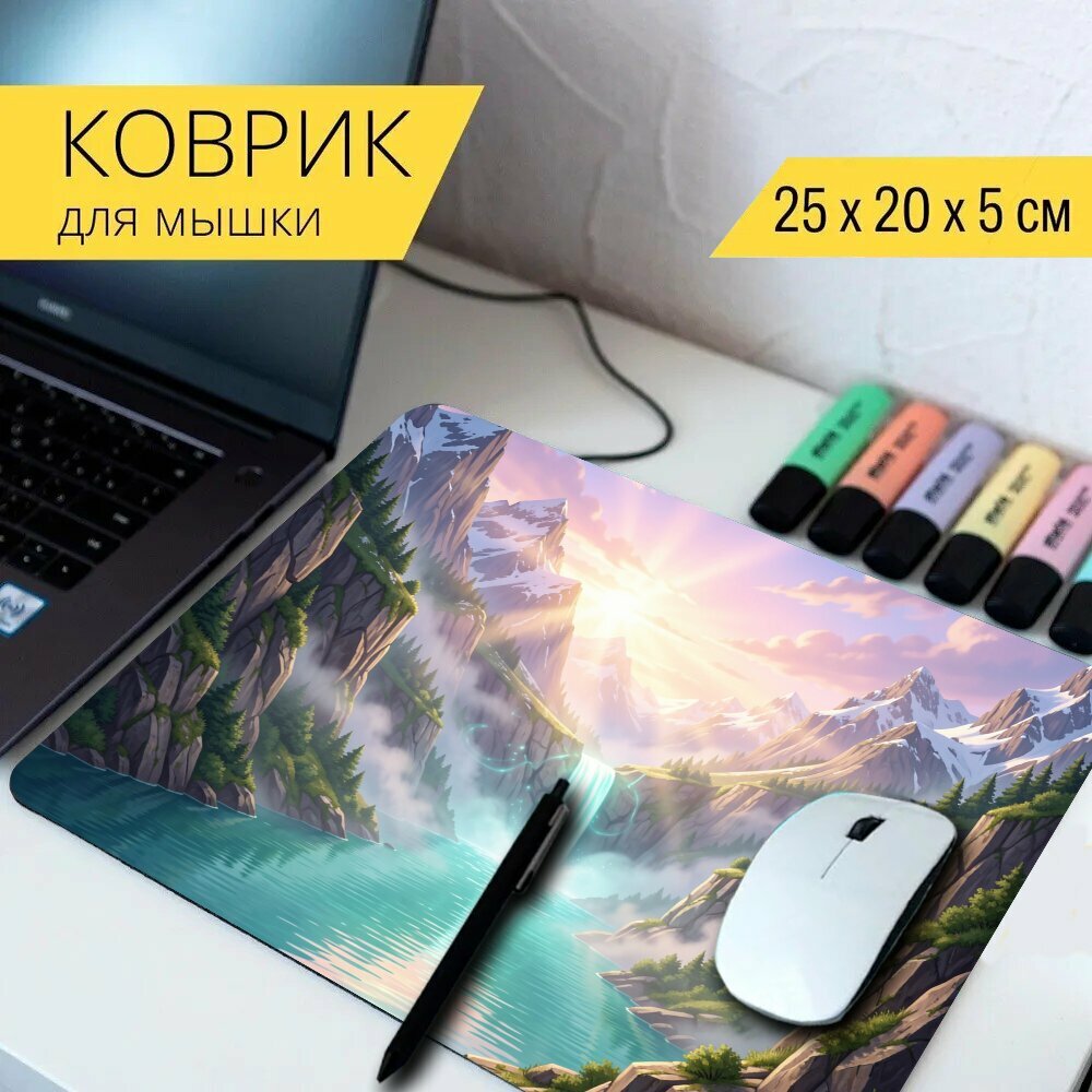 Коврик для мыши с принтом "Сказочная горная долина с водопадом. Живописная альпийская панорама с бирюзовой водой, скалистыми вершинами со снежными шапками, хвойными лесами." 25x20см.