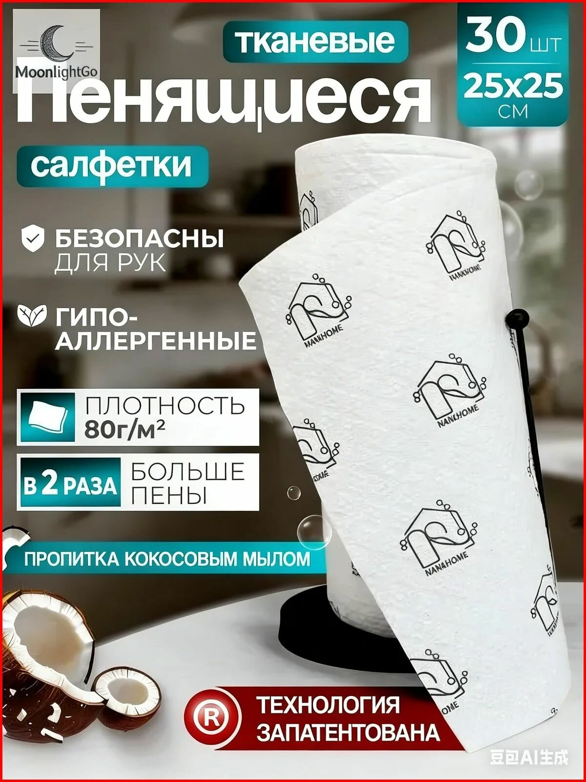 Салфетки для уборки пенящиеся тканевые, 25*25 см, 30 шт.