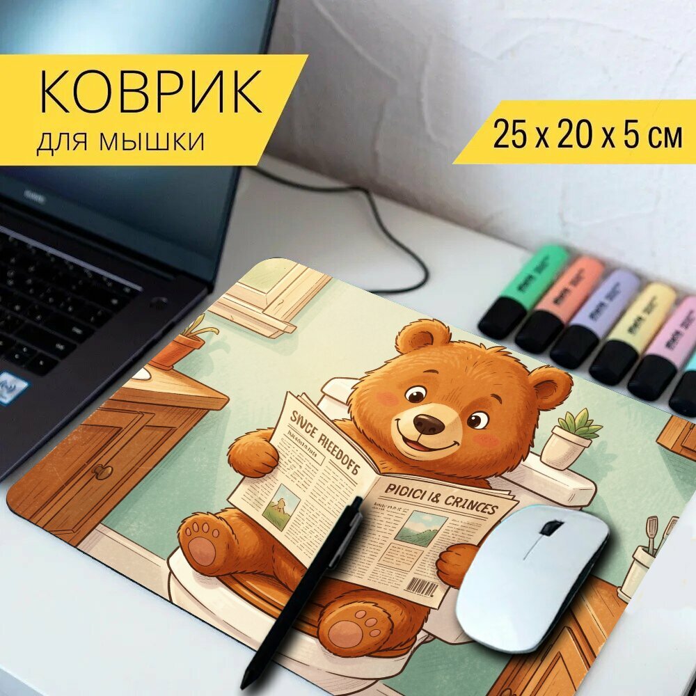 Коврик для мыши с принтом "Медвежонок с газетой в ванной. Милый мультяшный бурый мишка сидит на унитазе и читает журнал в уютной комнате. Тёплые коричневые оттенки, нежный." 25x20см.