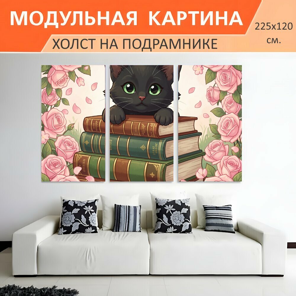 Модульная картина на холсте "Черный кот среди роз и книг. Милый аниме-рисунок с пушистым темным котенком, сидящим на стопке старинных." триптих на подрамнике 225х120 см. для интерьера