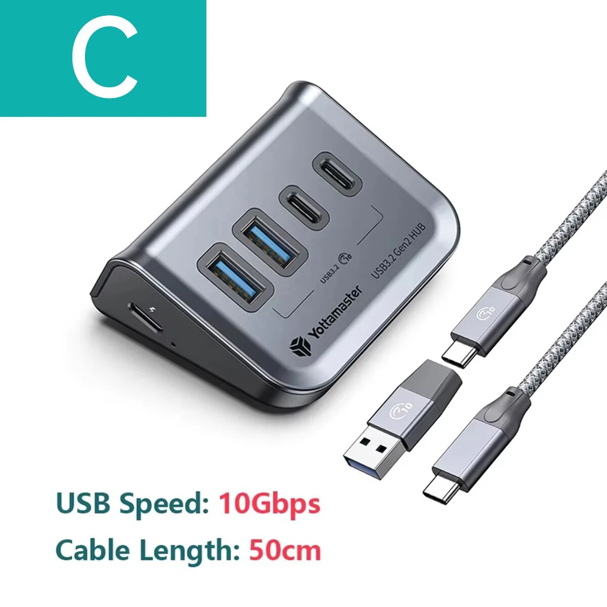 Yottamaster USB 3.2 Type C хаб на 4 порта, 50см