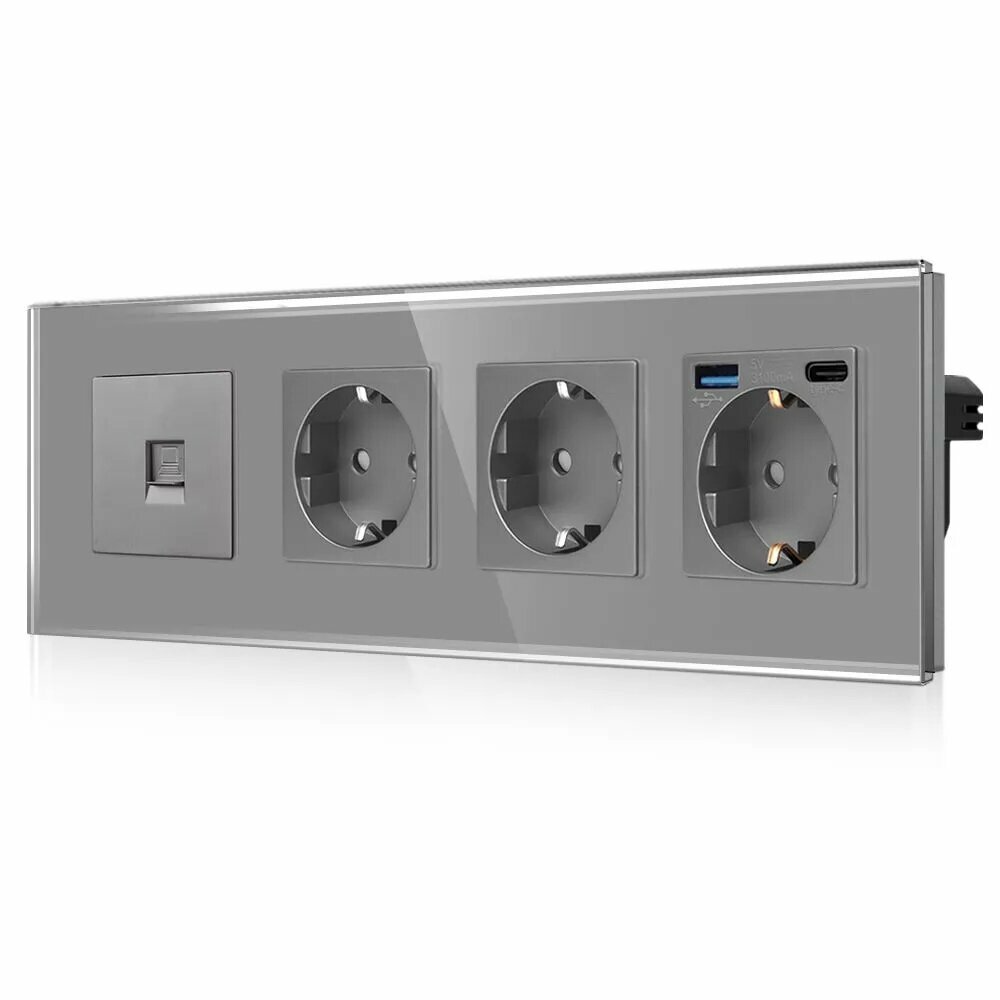 Розетка четверная с RJ45 розетки и usb и type c, с заземлением серый стеклянная.