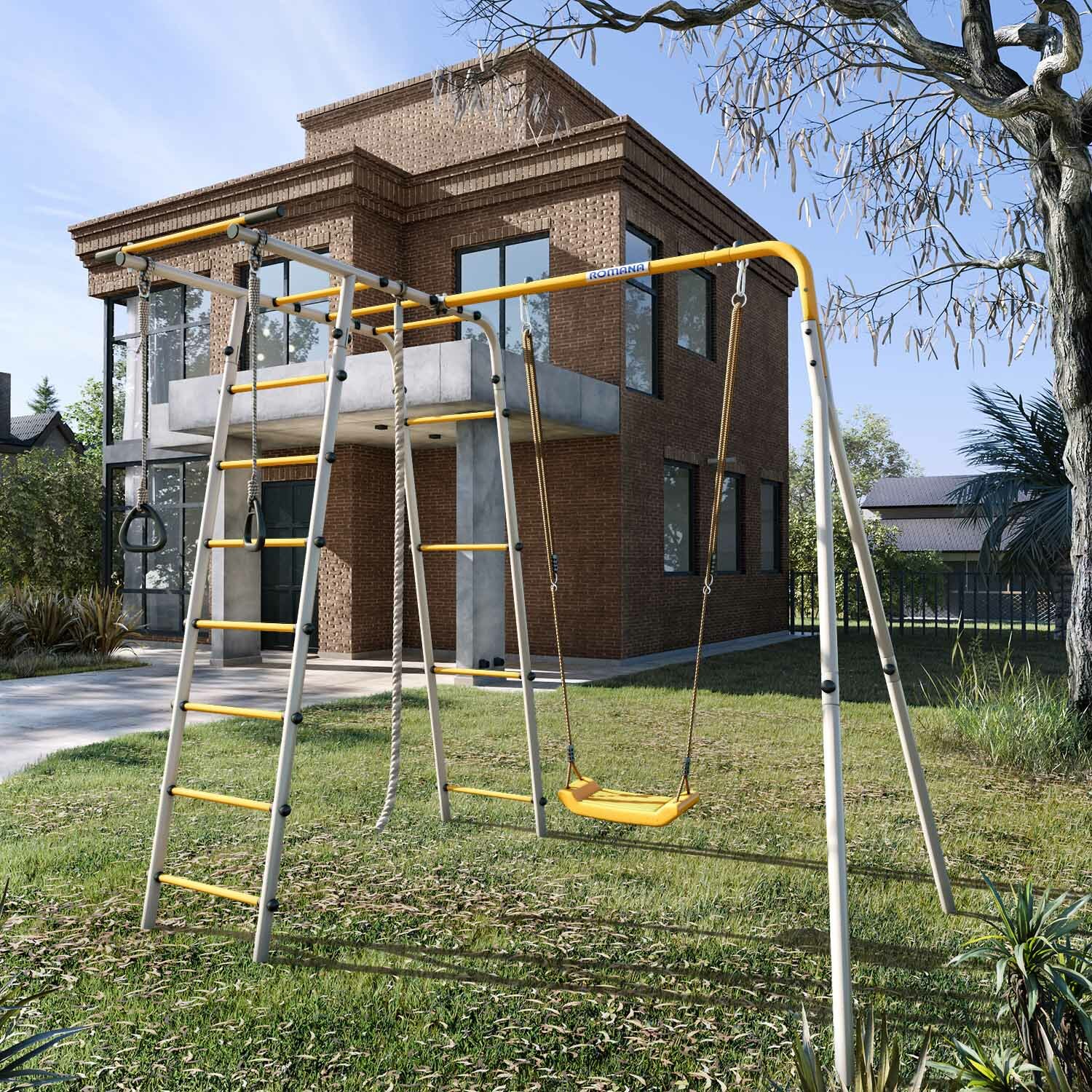 Спортивно-игровой комплекс ROMANA Лесная поляна-3 103.26.05-01 серый/желтый с качелями пластиковыми 1. Д-26.01