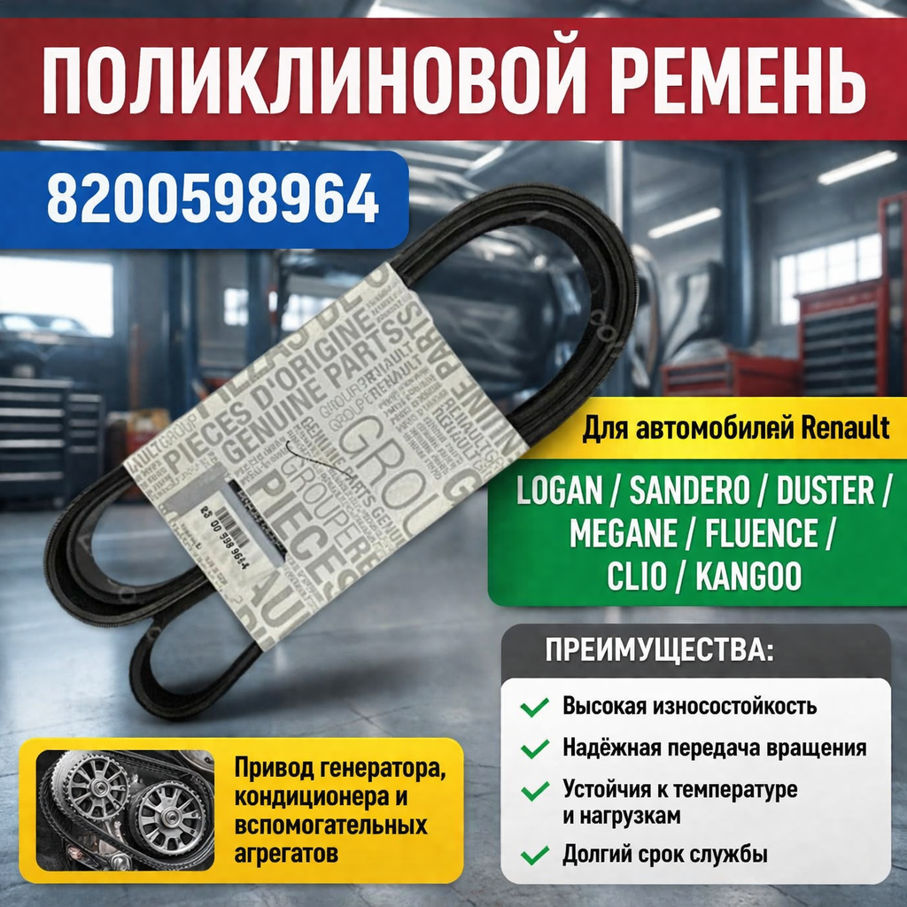 Ремень поликлиновой Renault 8200598964 для Logan Sandero Duster Megane Fluence Clio Kangoo