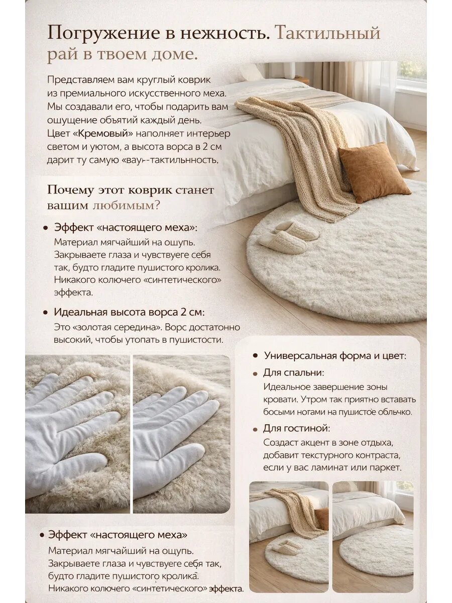 Ковёр Natali's Carpets круглый, кремовый, прикроватный 200х200 см — фото 1