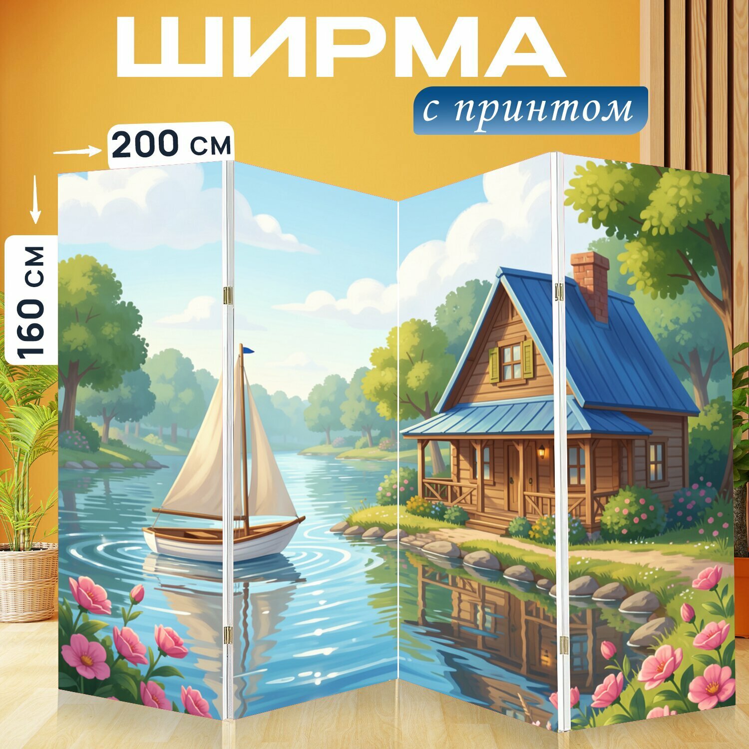 Ширма "Уютный дом у реки с лодкой. Живописный летний пейзаж в мультяшной стилистике: деревянный коттедж на." перегородка для зонирования комнаты с принтом 200x160 см. на холсте