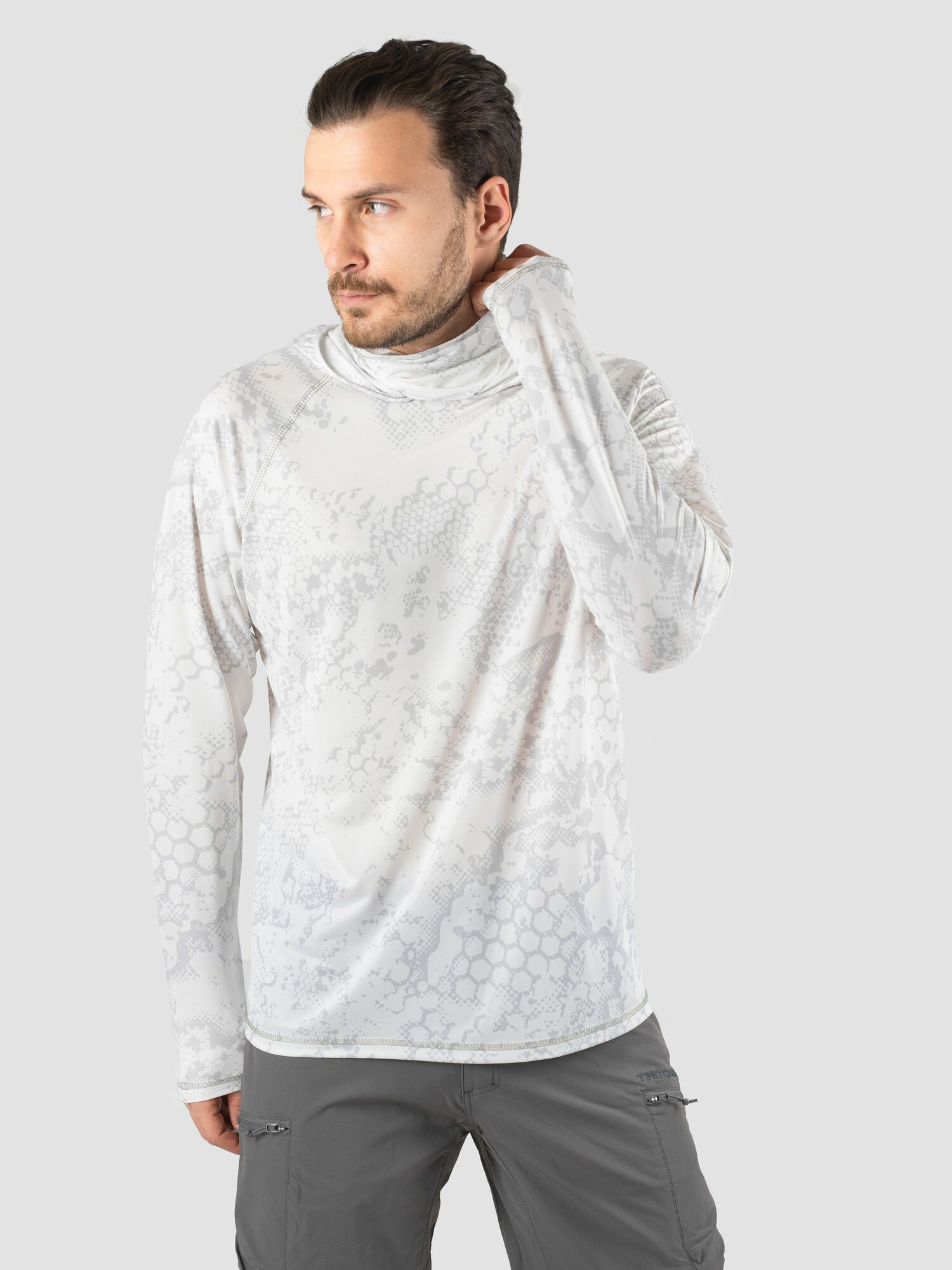 Джерси с капюшоном и баффом в цвете White print, лонгслив для активного отдыха и рыбалки — фото 1