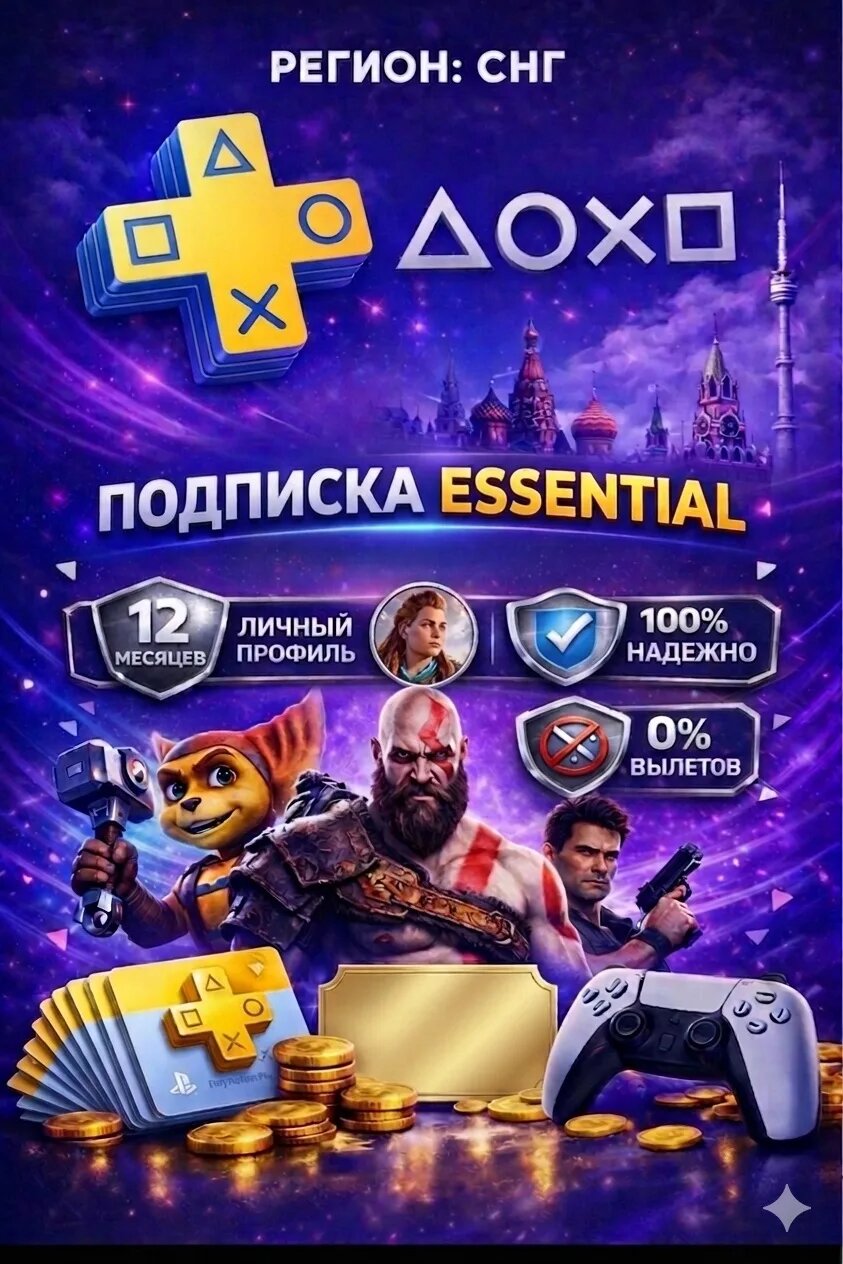 Подписка PS PLUS Essential для PlayStation, на 12 месяцев, СНГ