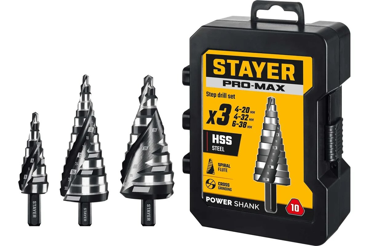 Набор сверл ступенчатых STAYER Pro‑Max 3 шт, 4–38 мм, материал HSS, цилиндрический хвостовик с тремя гранями, винтовая спираль 29661‑4‑38‑H3