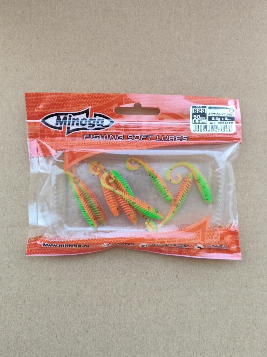 Силиконовая приманка Minoga Action Twist 2" (9шт) 50мм, 0.6гр, цвет 623 / твистер