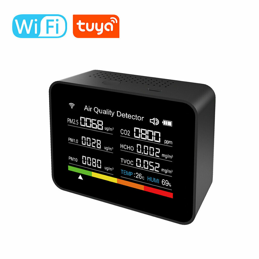 13 in 1 Tuya WIFI Intelligent Air Quality Monitor Indoor CO2 Detector CO2/TVOC/HCHO/PM2.5/PM1.0/PM10/Temperature/Humidity/Time/Date/Alarm/Timer/Stopwatch Support Remote APP Control Alarm Function for Home Office