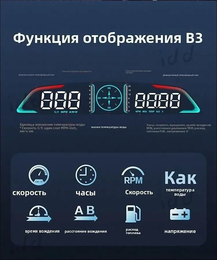 Бортовой компьютер B3 для автомобилей с OBD-II, отображение параметров, черный