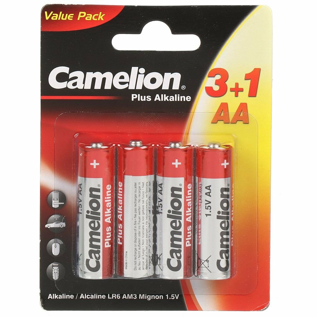 Батарейки Camelion Alkaline Plus AA LR6 1.5В, щелочные пальчиковые элементы питания, набор 4 штуки (3+1), блистер, 15545