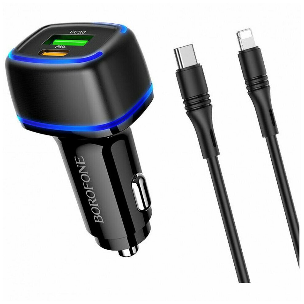 Зарядное устройство BOROFONE BZ14A Mercury, автомобильное USB+USB-C + Кабель Type-C-Lightning, 3A, PD20W, черный