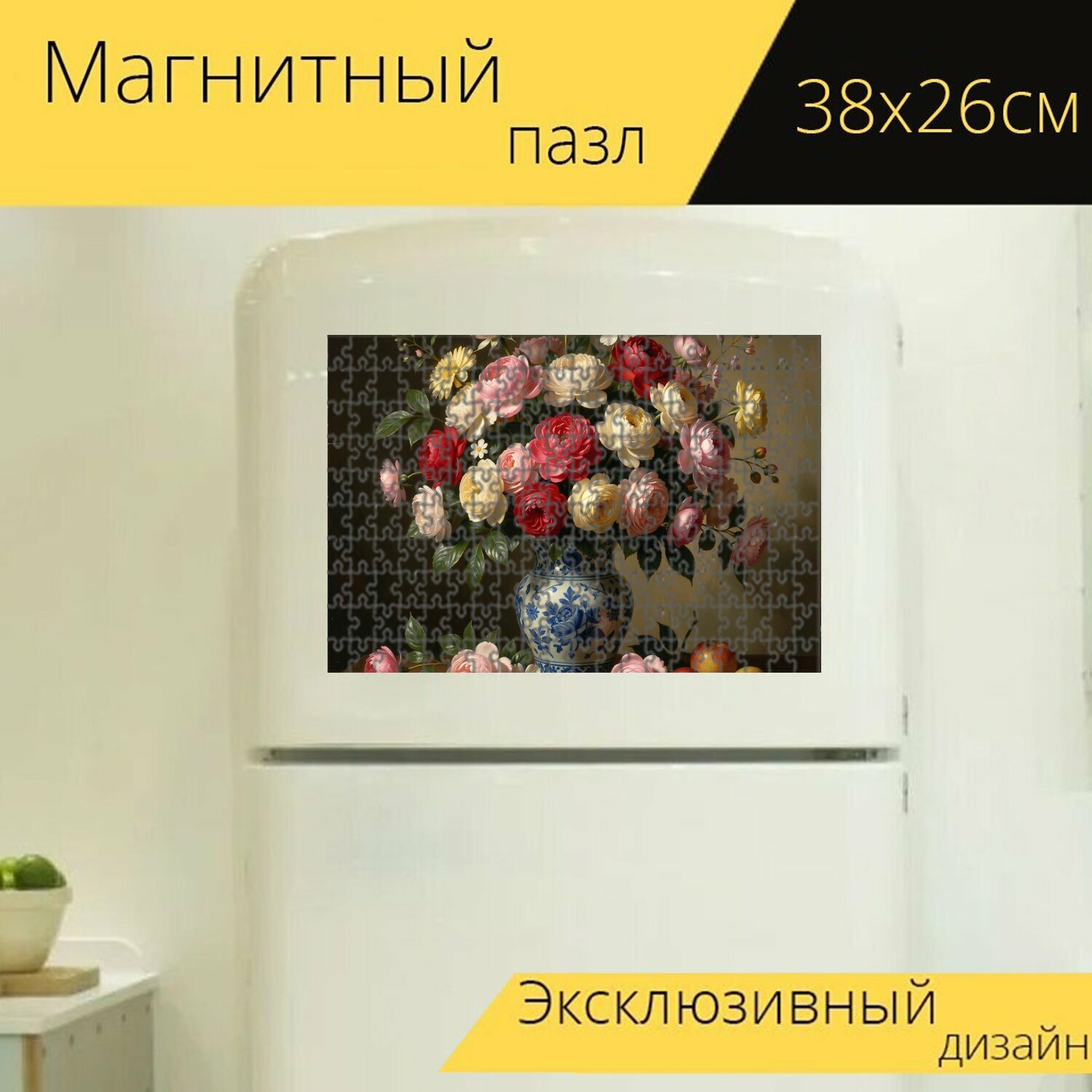 Магнитный пазл "Пышный букет пионов и яблок. Классический цветочный натюрморт: фарфоровая сине-белая ваза, розовые, кремовые и алые бутоны, ромашки, зеленая." для интерьера, 38х26 см.