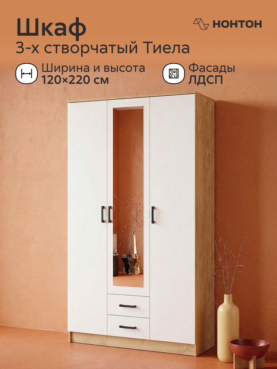 Шкаф распашной с зеркалом Тиела, Ш:120 * Г:48.7 * В:220 (дуб вотан / белый)