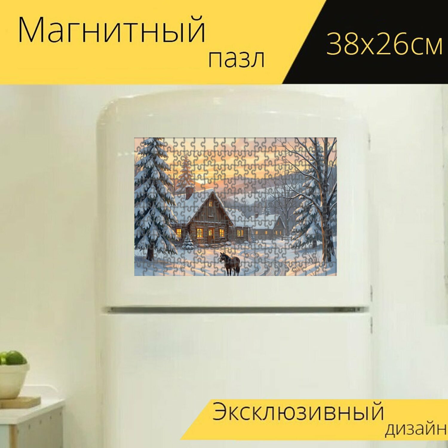 Магнитный пазл "Зимняя деревня с лошадью. Снежный сельский пейзаж с деревянными домиками, хвойным лесом и извилистой дорогой. Живописная иллюстрация в." для интерьера, 38х26 см.