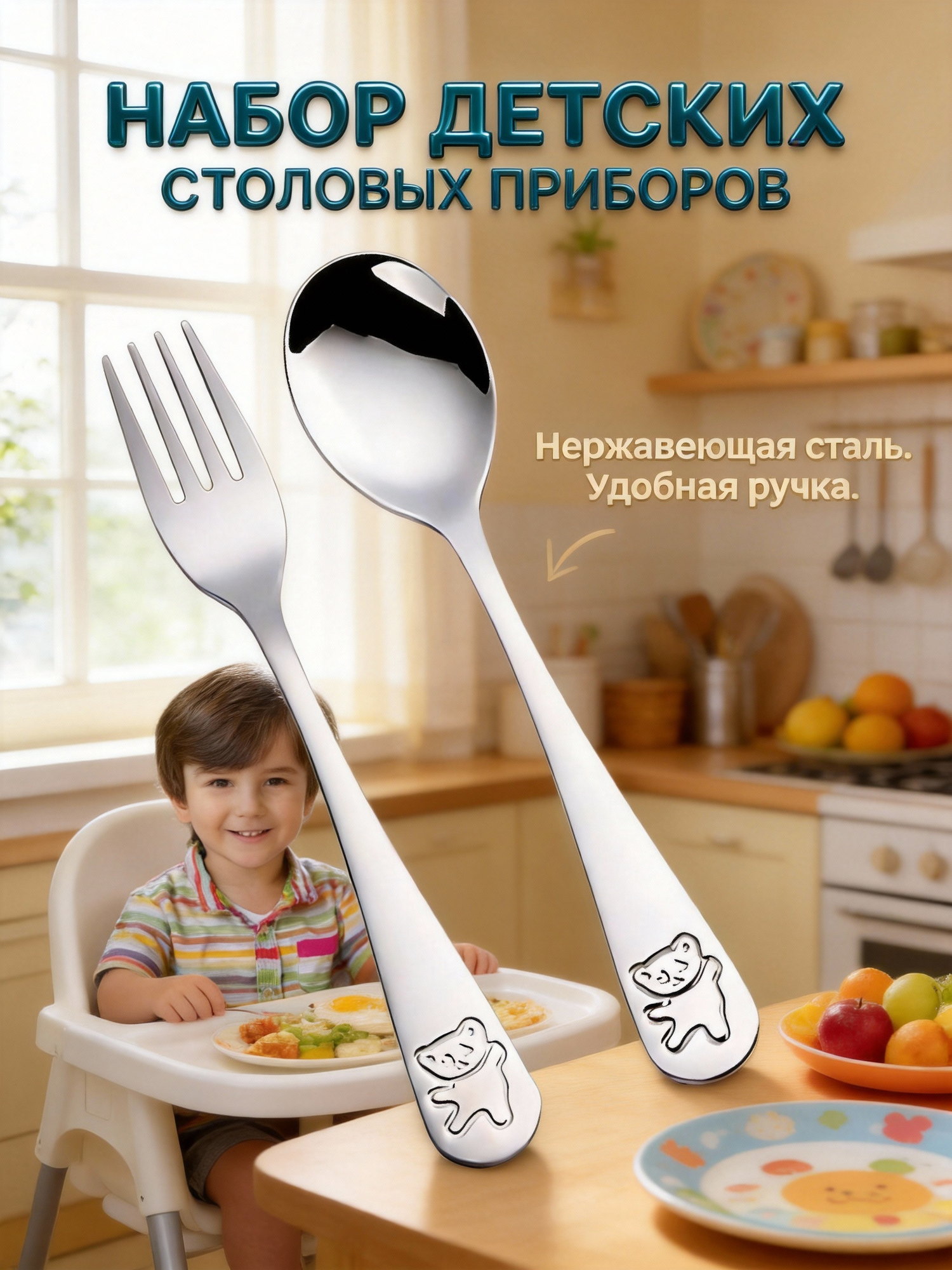 Набор столовых приборов для детей, 2 предмета — ложка и вилка с изображением животных, подходит для детей старше 3 лет, праздничный подарок