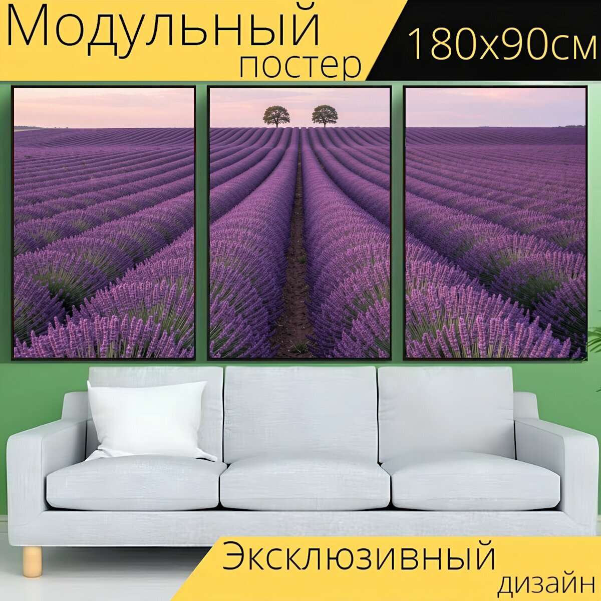 Модульный постер "Лавандовое поле на закате. Бескрайние фиолетовые ряды прованских цветов уходят к горизонту, два дерева на фоне." 180 x 90 см. для интерьера на стену в тубусе