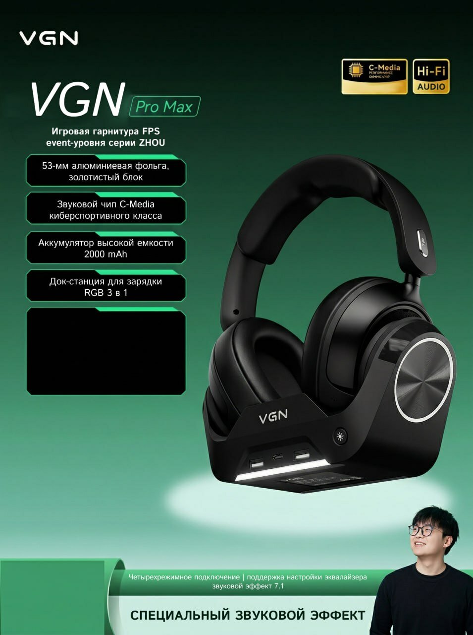 Наушники беспроводные VGN ZHOU PRO max черные, игровые, док-станция, шумоподавление, 7.1 surround, 2.4GHz + Bluetooth, микрофон, геймерская гарнитура