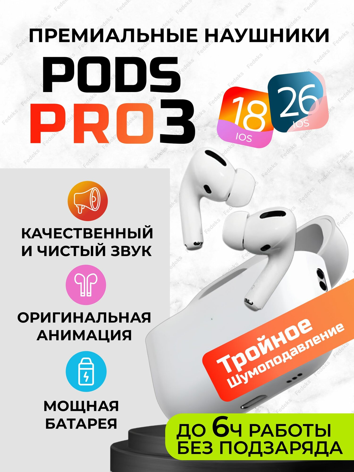 Наушники беспроводные PRO 3 с шумоподавлением. Беспроводные наушники для Айфон и Андроид