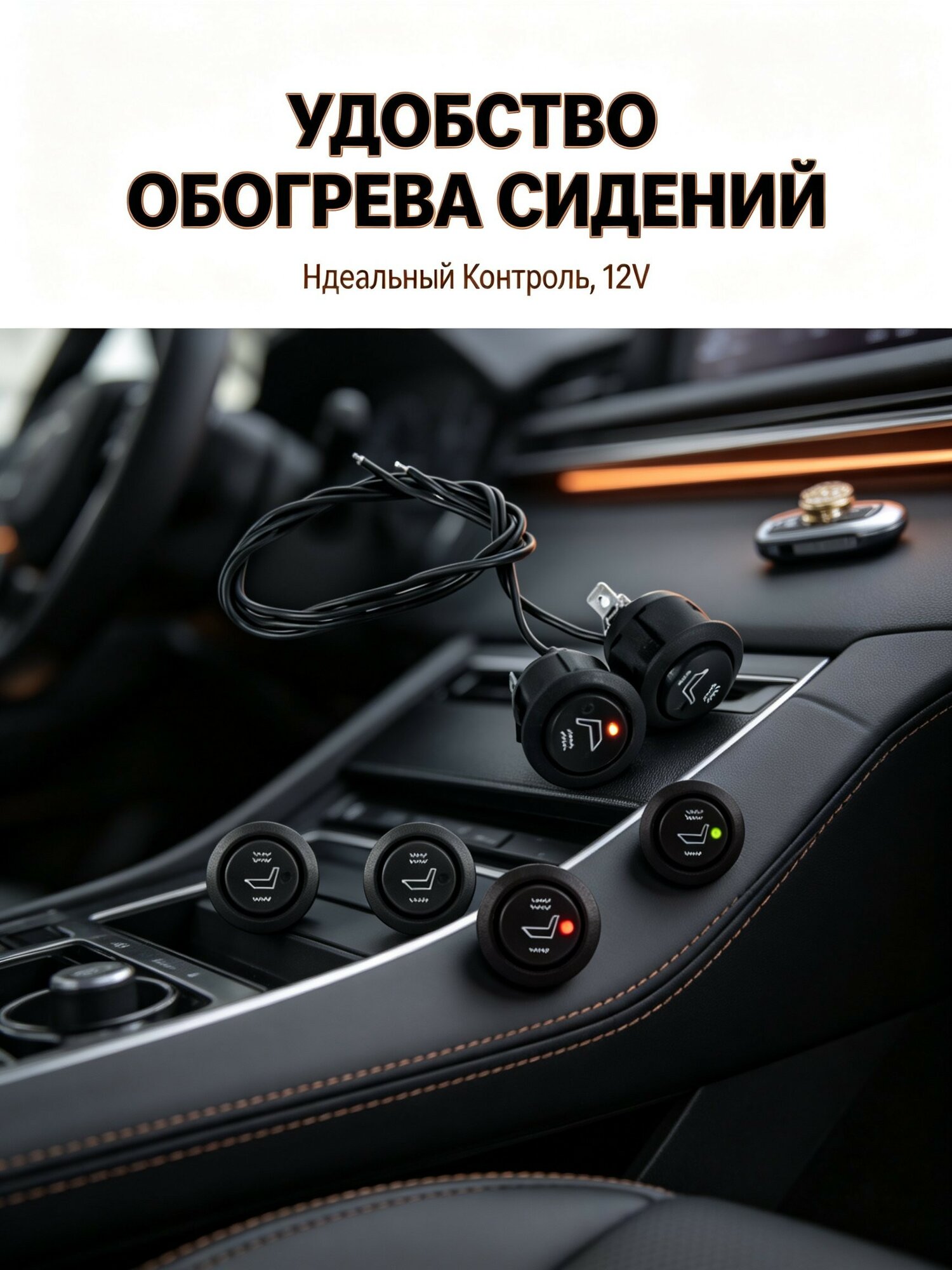 Переключатель подогрева сидений 2шт круглый 3Pin 12В коромысло Hi/Low/Off с индикацией красный/жёлтый кабель 41 см