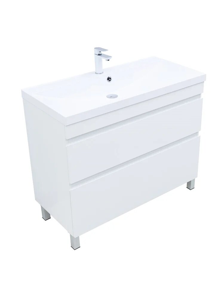 Тумба с раковиной Aquanet Нота New 100 напольная, 100 см, белая, глянцевая, с ящиками, раковина для ванной, из искусственного мрамора, прямоугольная