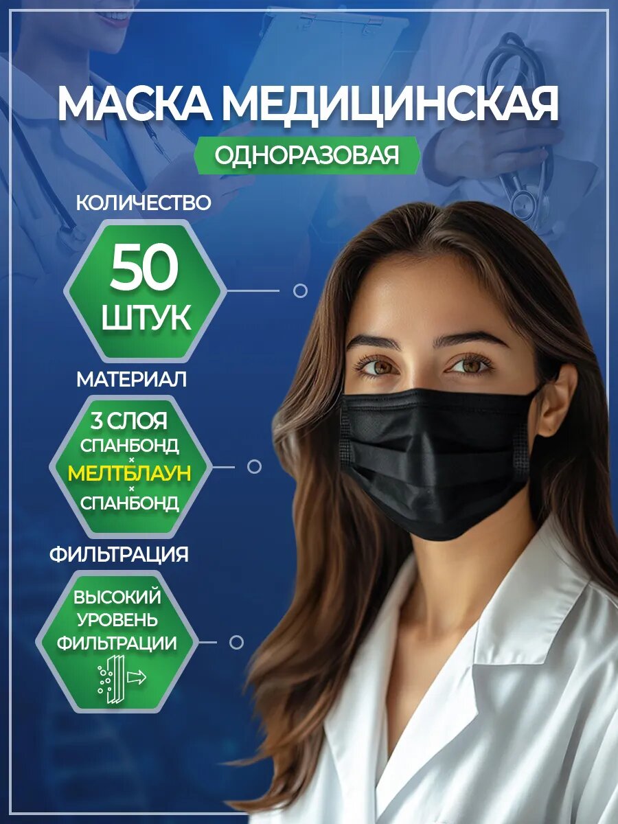 Маска медицинская одноразовая трехслойная 50 шт. (черная), одноразовая