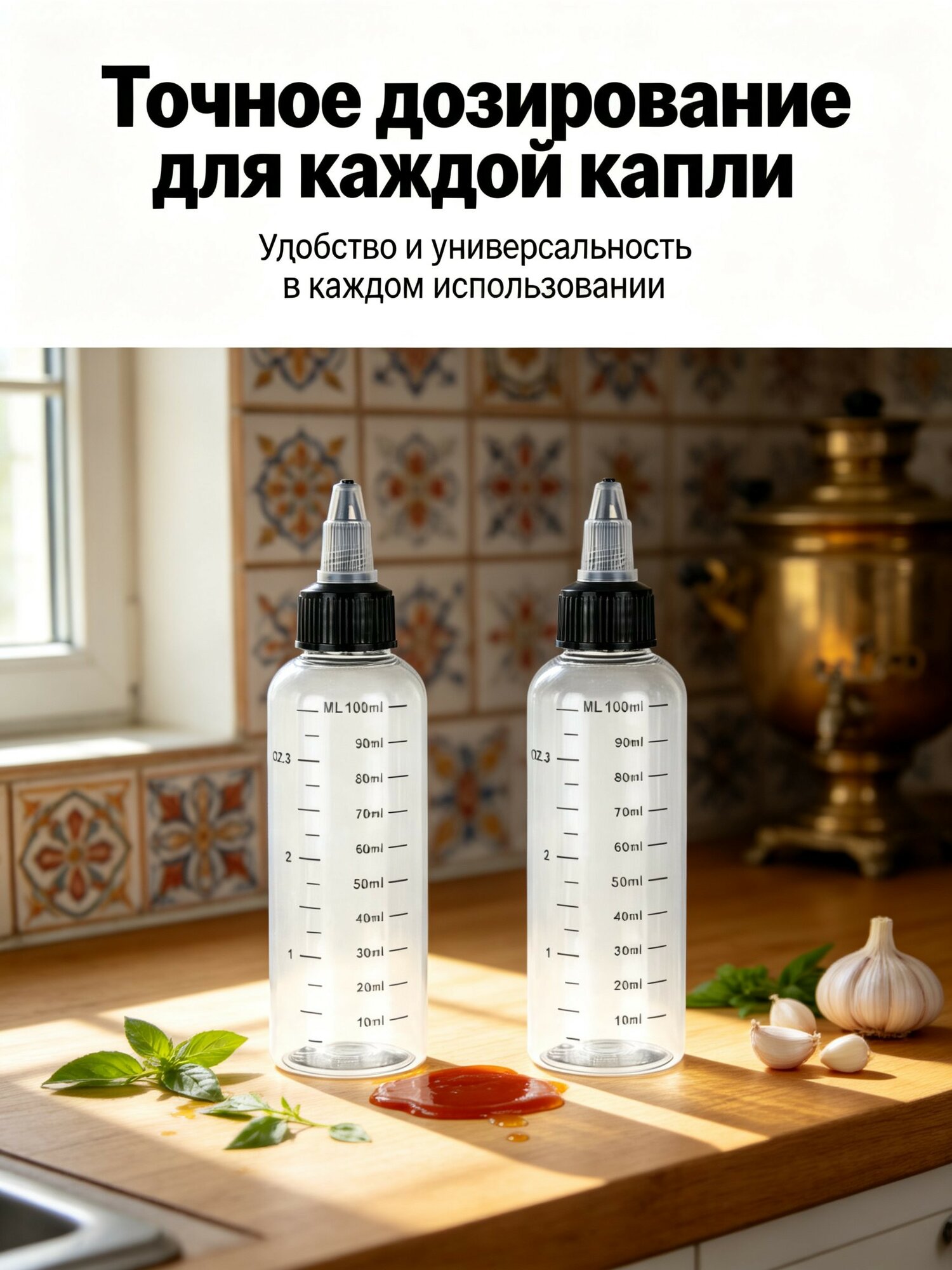 Набор из 2 бутылочек 100 мл, с дозатором и мерной шкалой для клея, соусов, красок и других жидкостей