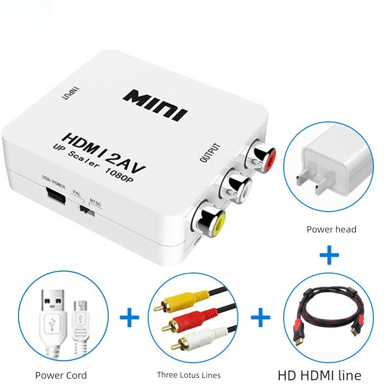 Белый HDMI-преобразователь в AV с полным комплектом кабелей и блоком питания, длина 0.5 м и менее