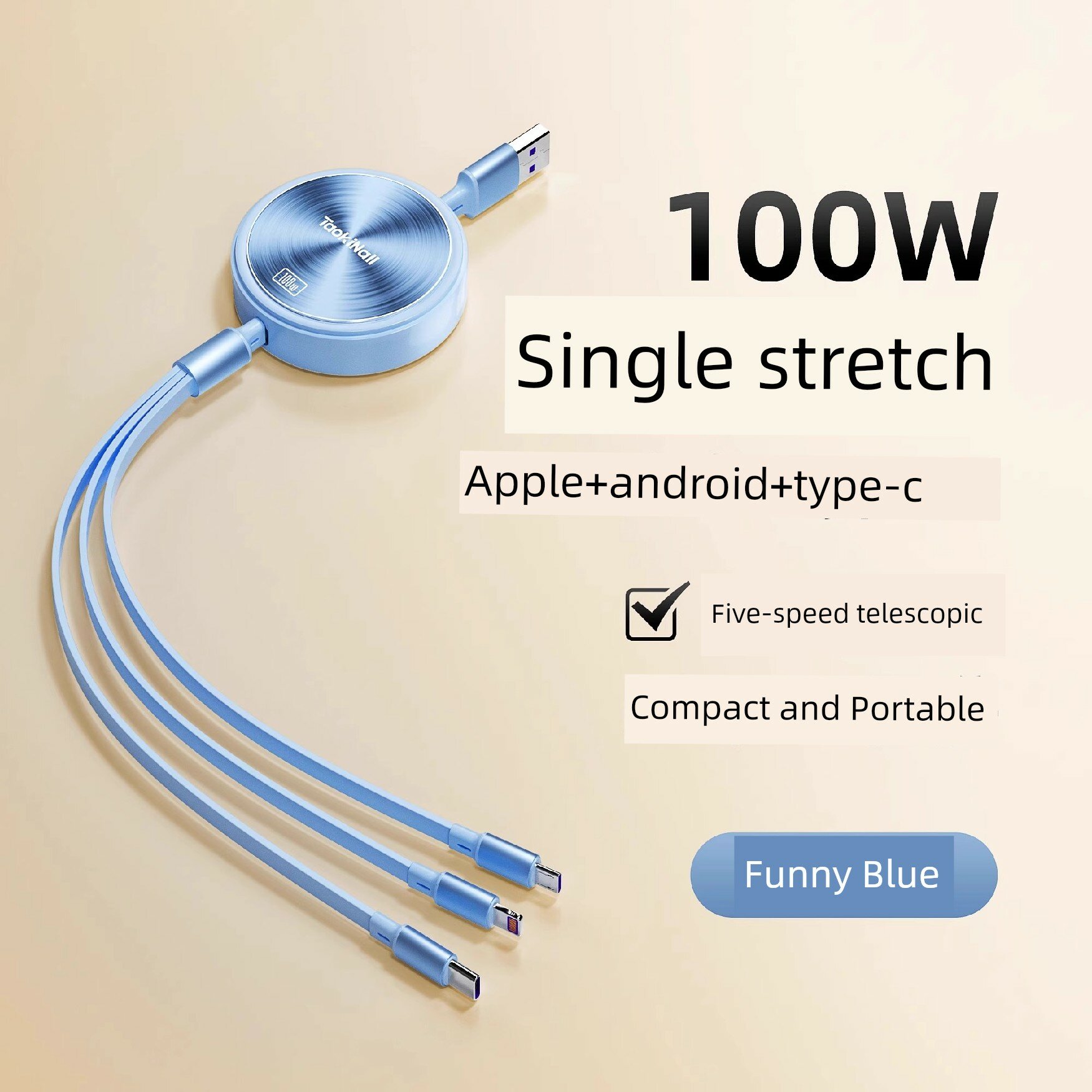 Синий кабель с веселым дизайном 100Вт USB вход для iPhone, Android, Type-C, длина 1.1м