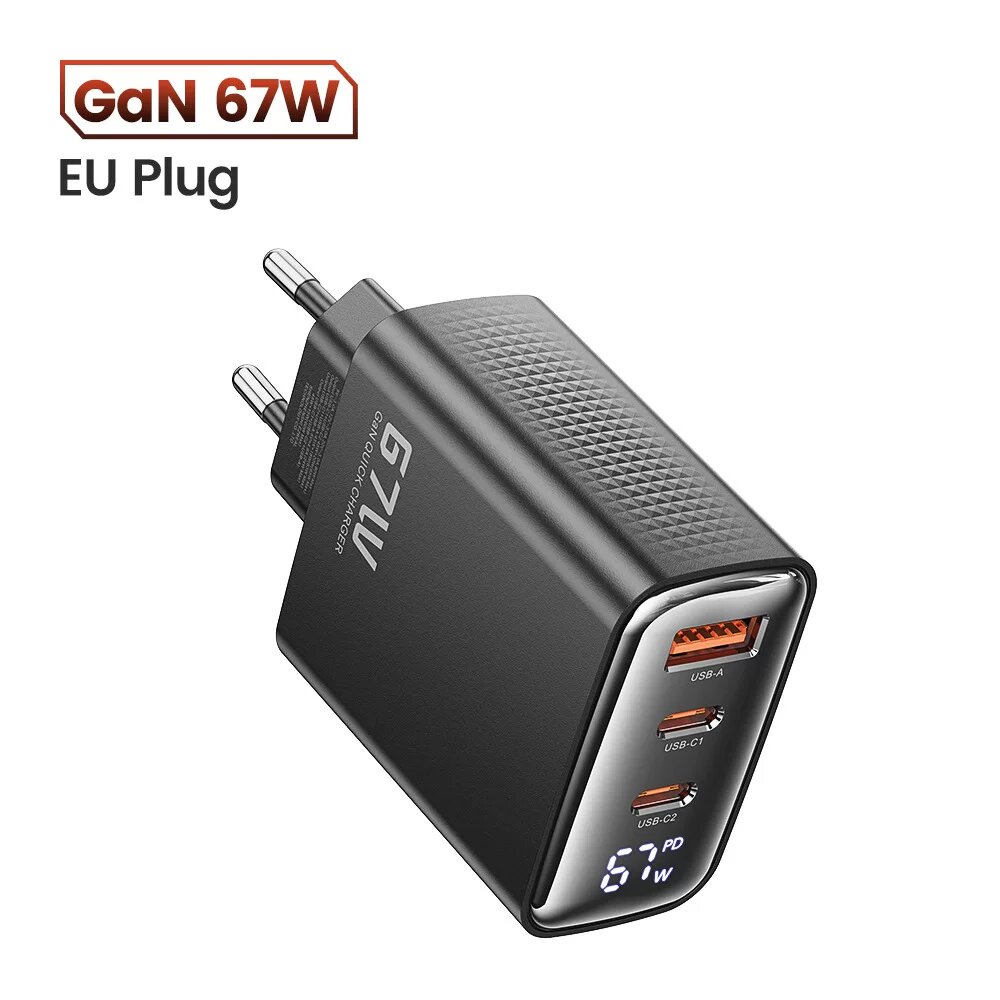 67W GaN Type-C EU зарядное устройство с дисплеем, 2 порта USB-C + 1 порт USB-A для iPhone и Huawei PD быстрой зарядки