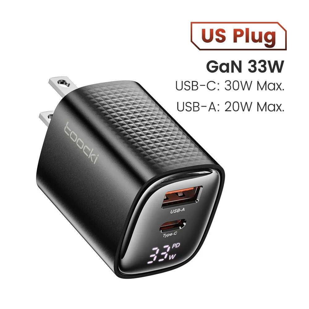 Зарядное устройство Toocki 33W GaN USB-C с быстрой зарядкой, на основе нитрида галлия, с цифровым дисплеем, для