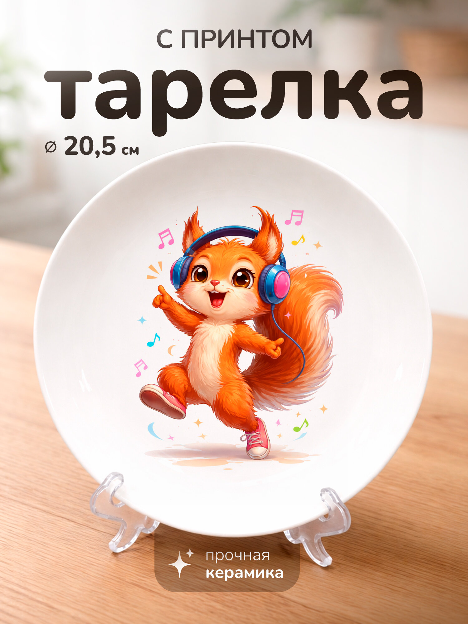 Тарелка с принтом "Белка в наушниках", керамика, 20 см, для СВЧ, с подставкой