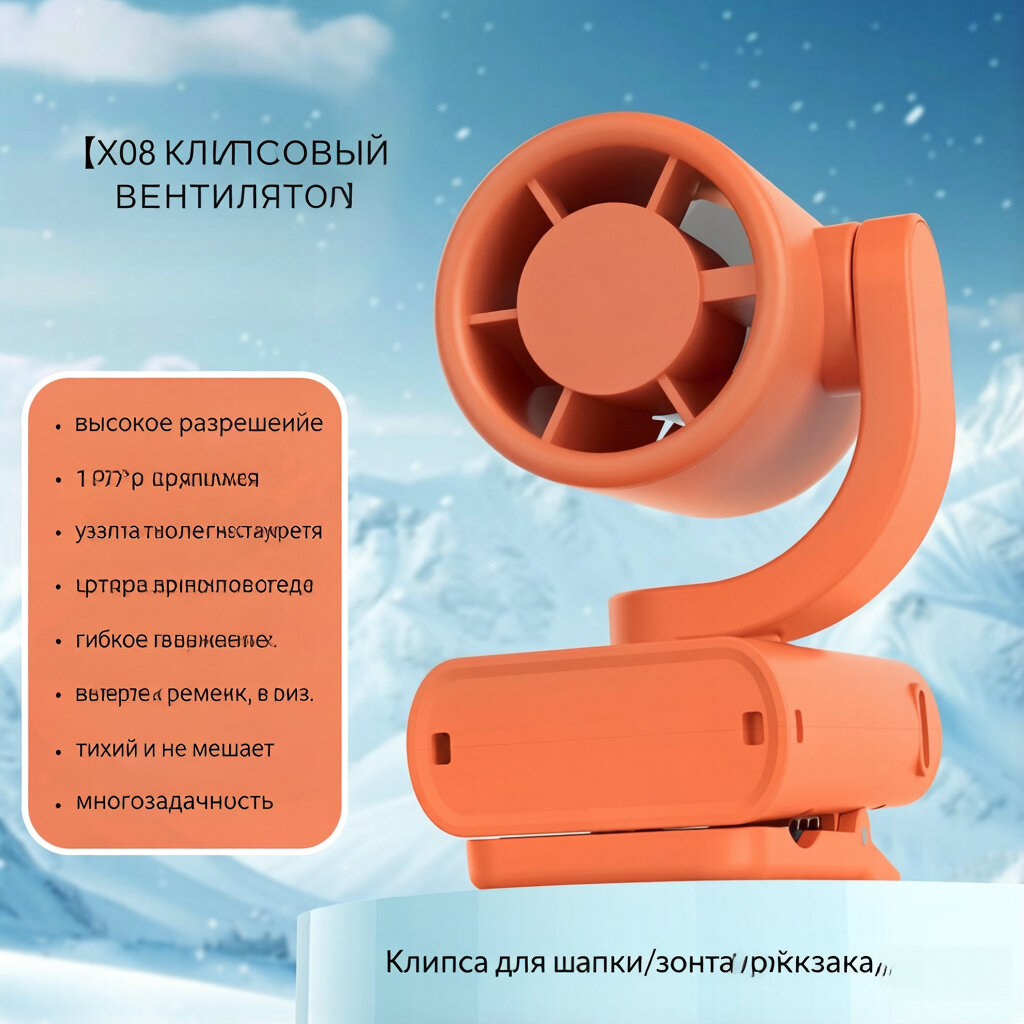 Мини-вентилятор с клипсой на кепку и зонт, складной, USB, с дисплеем, 63×83×50 мм