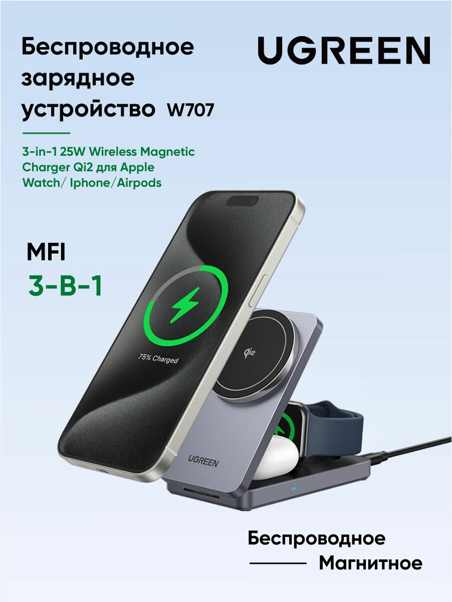 Зарядное устройство 3-в-1 UGREEN W707 (45025) 3-in-1 25W Wireless Magnetic Charger Qi2 для Apple Watch/ Iphone/Airpods. Цвет: серый
