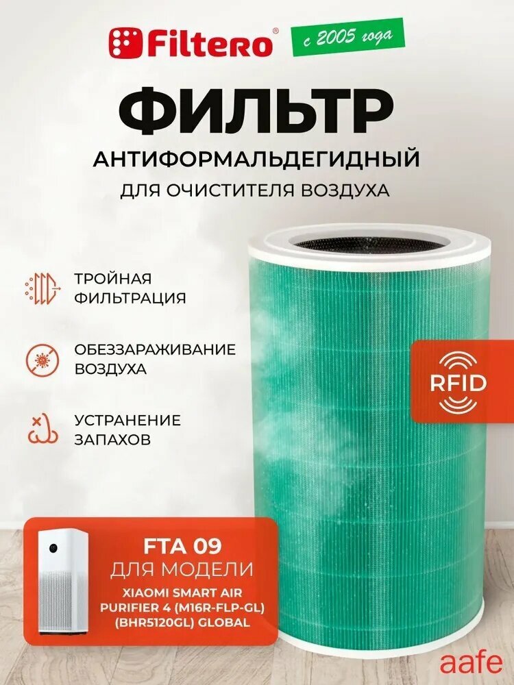 Фильтр для очистителя воздуха Smart Air Purifier 4 (AC-M16-SC) с меткой RFID Chip (M16R-FLP-GL) (BHR5120GL) GLOBAL антибактериальный, зеленый Filtero FTA 09(светло-серый, светло-зеленый)